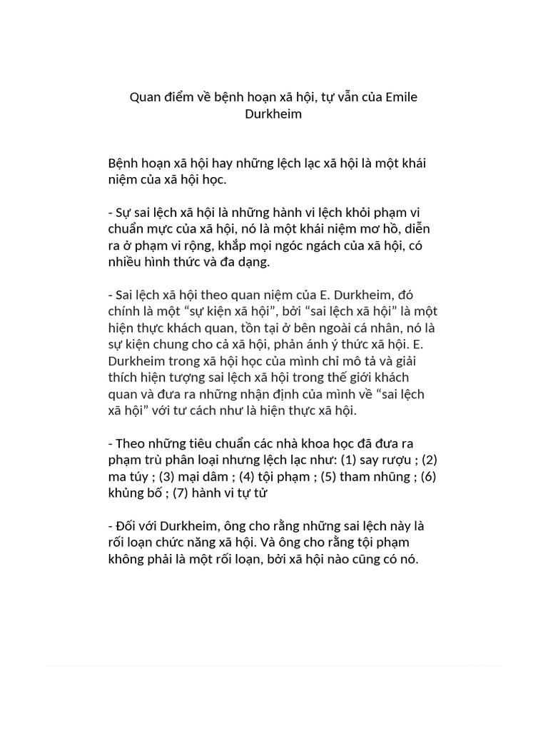 Quan Diem Ve Benh Hoan Xa Hoi Tu Van Cua Emiledurkheim Truong Dai Hoc 75040 | PDF