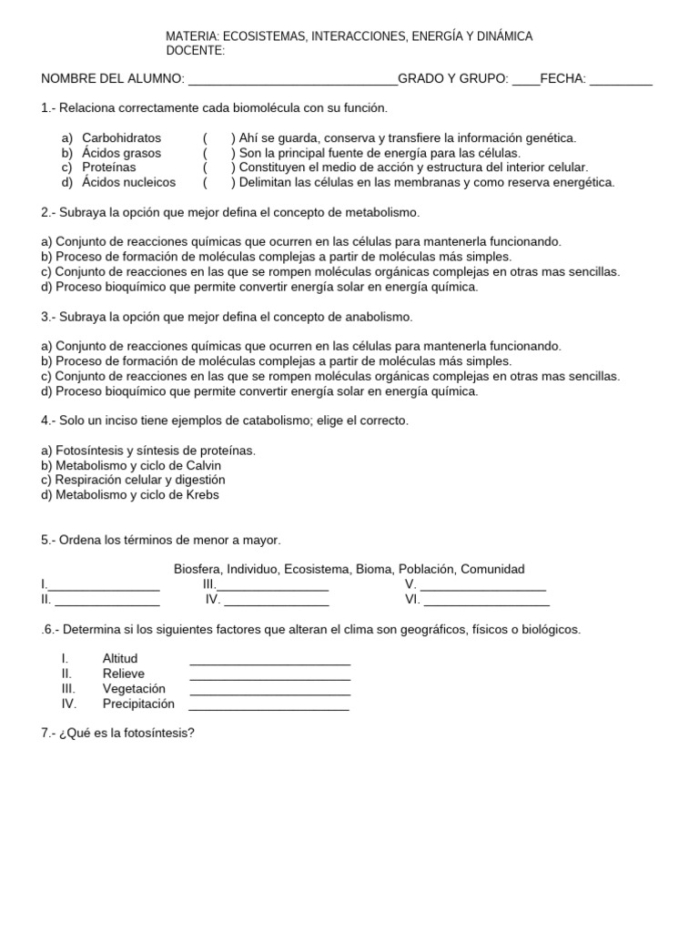 Examen Diagnostico Ecosistemas Interacciones Energia y Dinamica | PDF