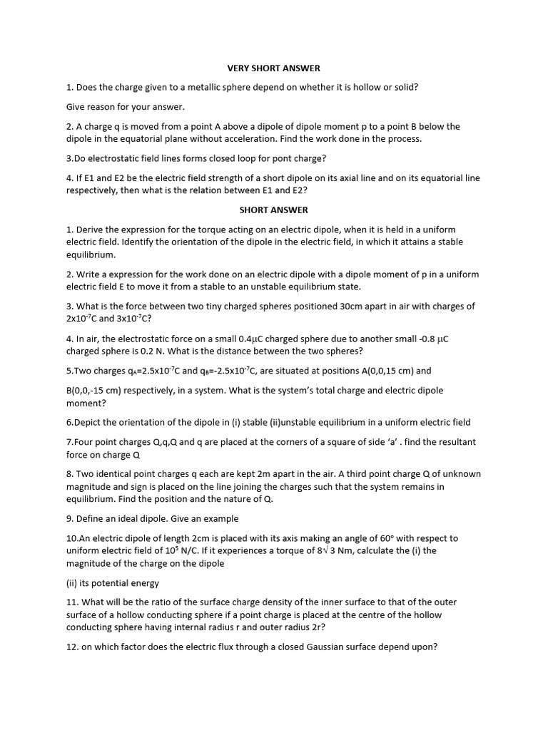 Electrostatics Worksheet | PDF | Electric Field | Quantity