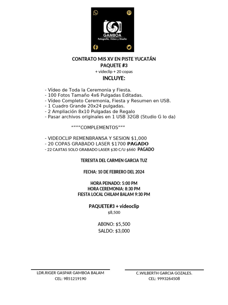 Contrato Mis XV en Piste Yucatán | PDF