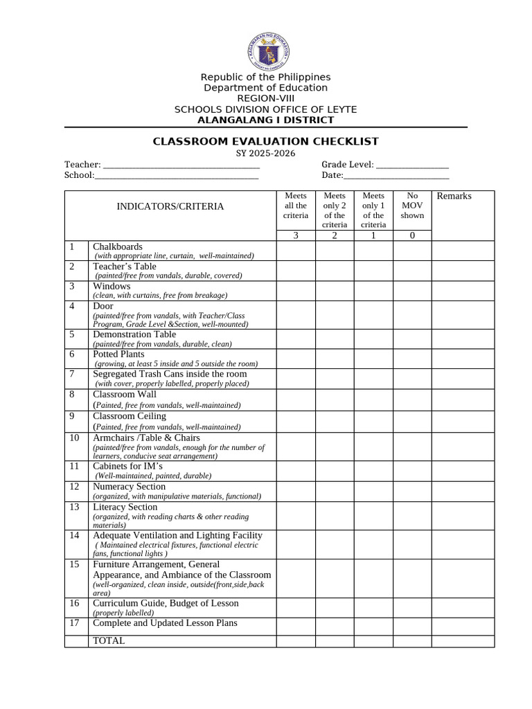 Classroom Evaluation Checklist 2025-2026 | PDF | Classroom | Learning