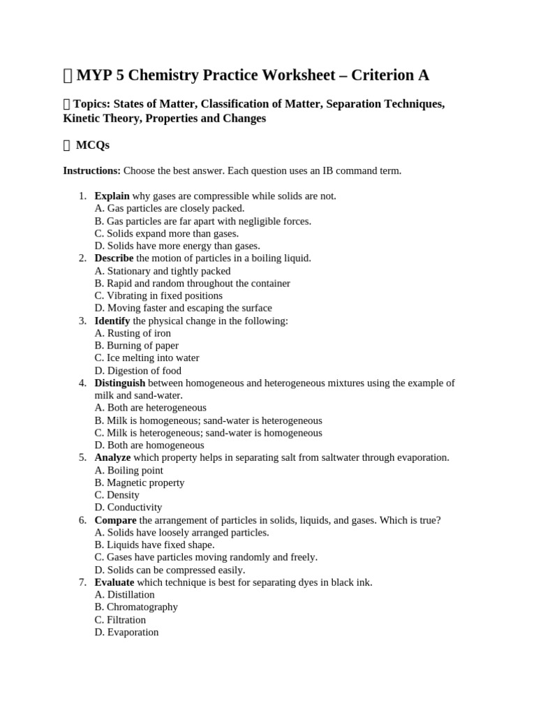 MYP 5 Chemistry Practice Worksheet | PDF | Mixture | Gases