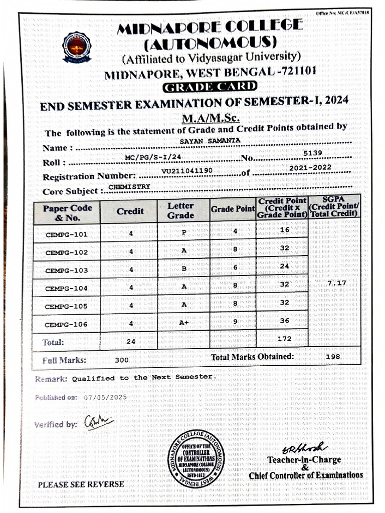 MSC 1st Sem Marksheet - Compressed | PDF