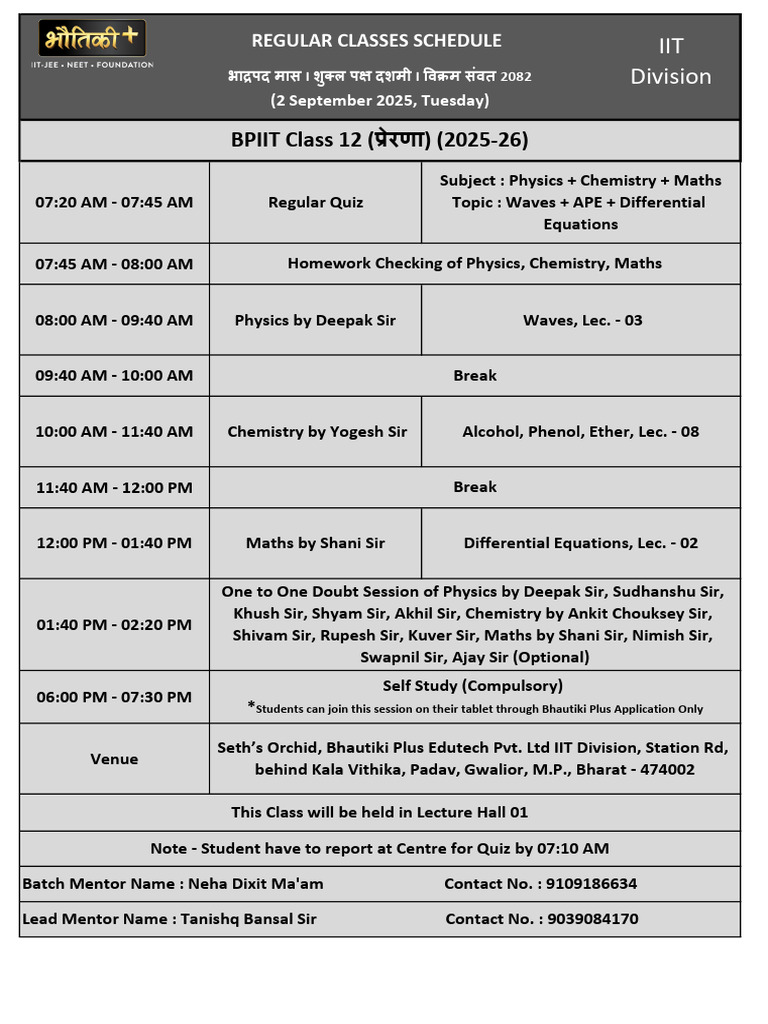 Regular Classes Schedule BPIIT Class XII (प्रेरणा) (02-09-2025) | PDF
