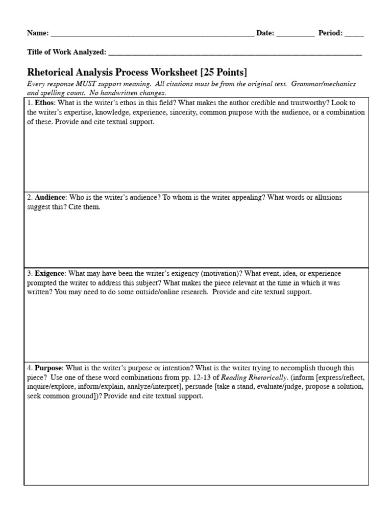 RAPW - Rhetorical Analysis Process Worksheet | PDF