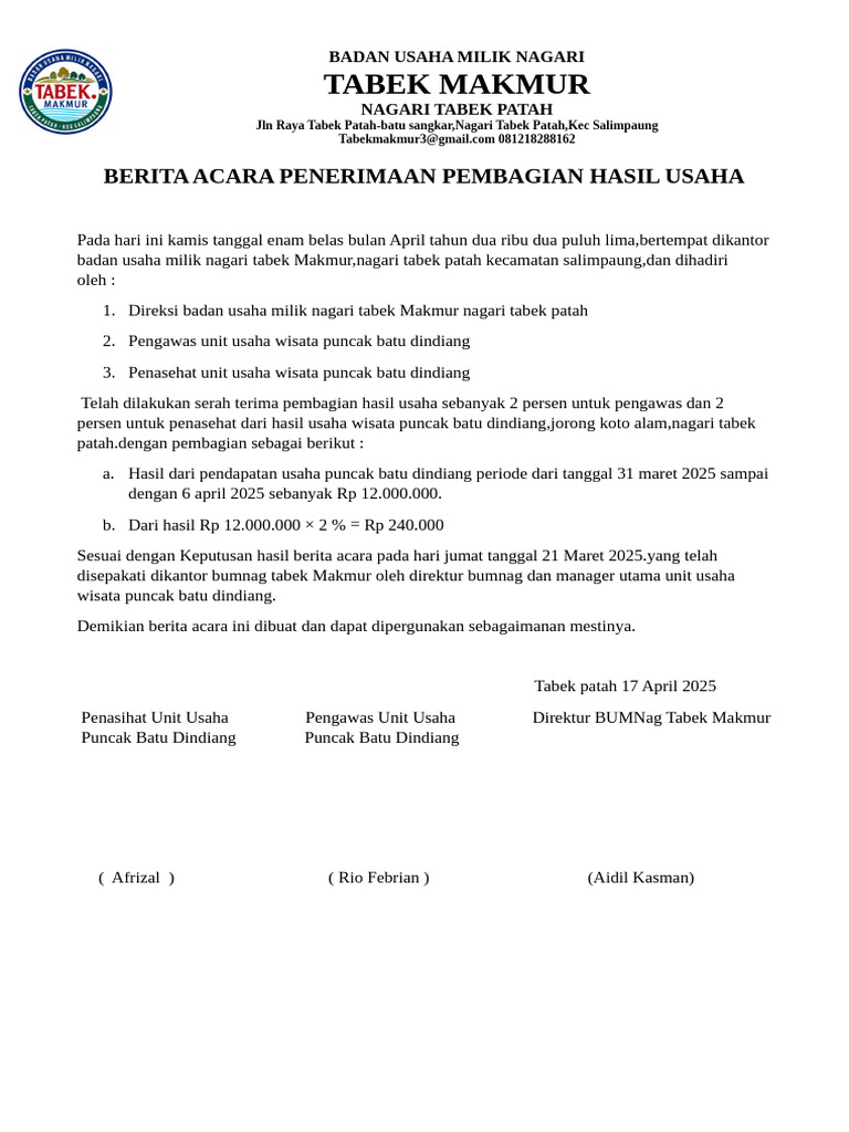 Pembagian Hasil Usaha BUMNag Tabek Makmur | PDF