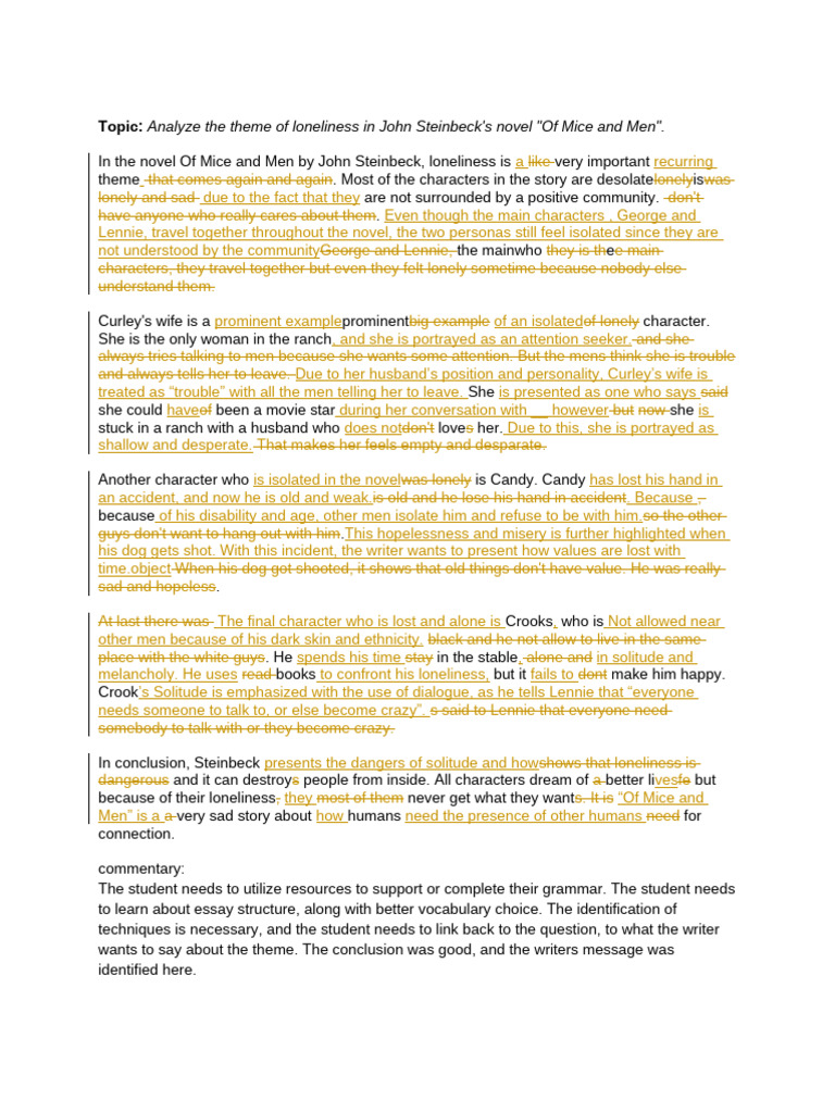 Topic - Analyze The Theme of Loneliness in John Steinbeck's Novel - of ...