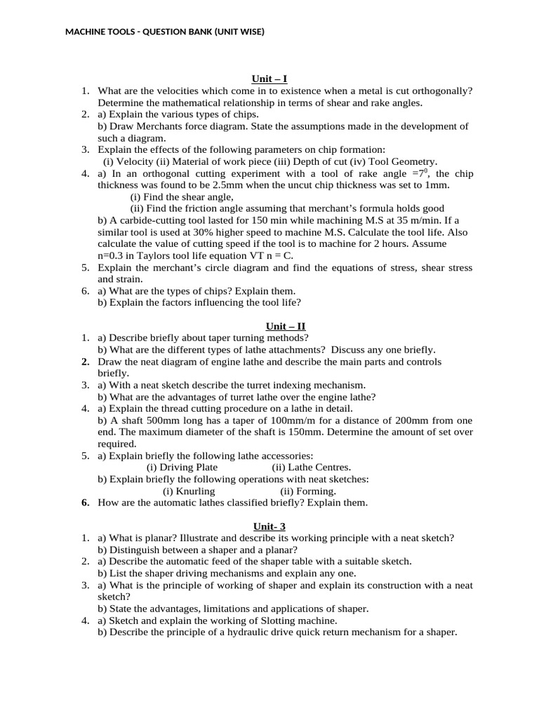 Machine Tools Question Bank Overview | PDF | Industrial Processes | Tools