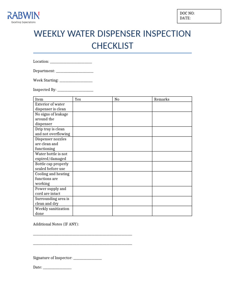 Weekly Water Dispenser Inspection Checklist | PDF