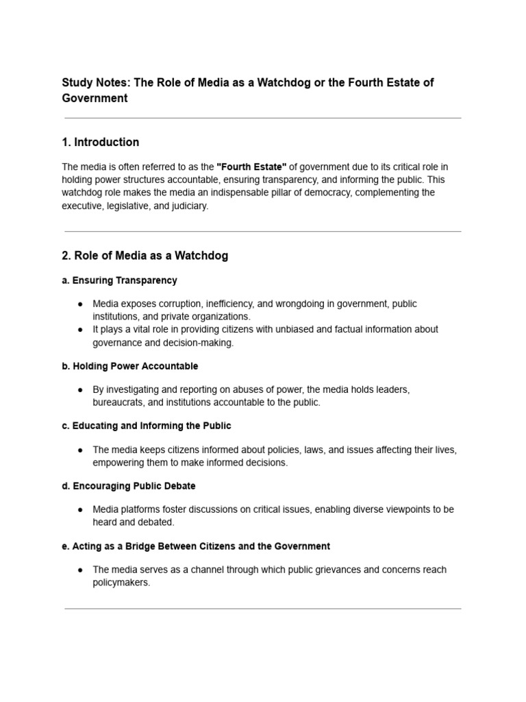 The Role of Media As A Watchdog or The Fourth Estate of Government ...