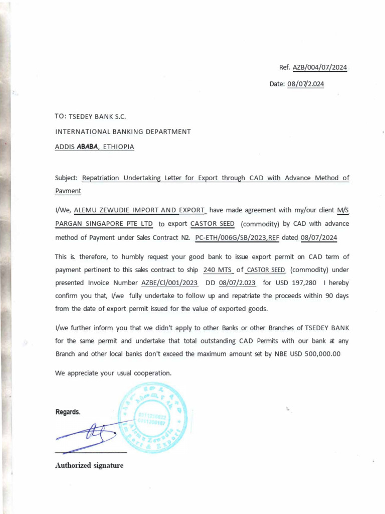 Castor Seed Under Taking Letter For Tseday - Edited | PDF