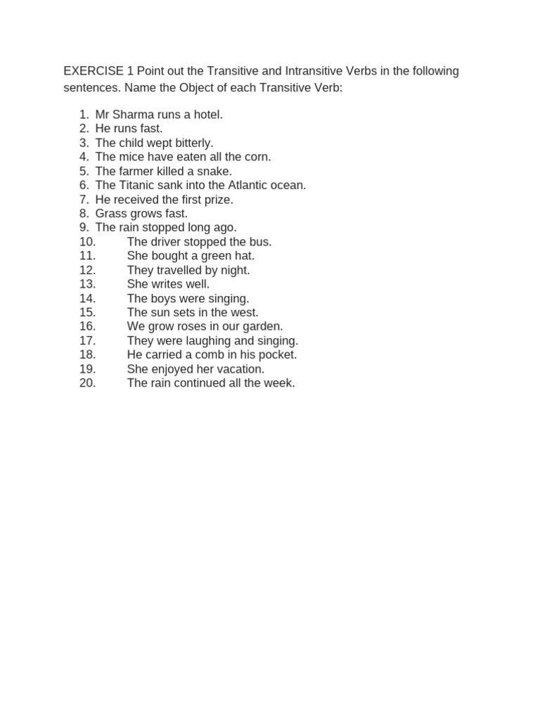 Transitive and Intransitive Verbs Worksheet | PDF | Verb | Semantics