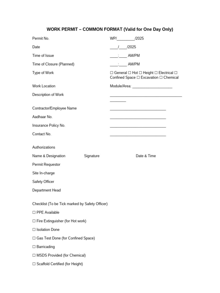 Work Permit Format and Types | PDF | Workplace | Working Conditions