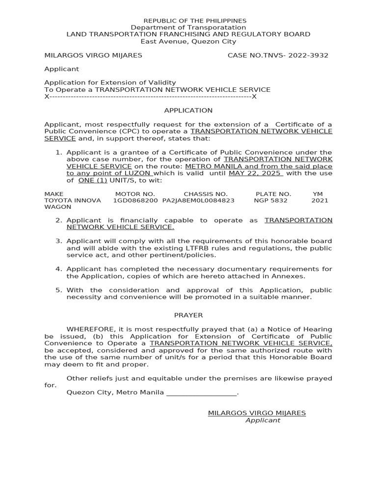 Application For Extention of Validity TNVS New Format MILAGROS MIJARES ...