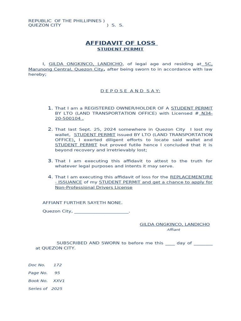 Affidavit of Loss License Student Permit | PDF