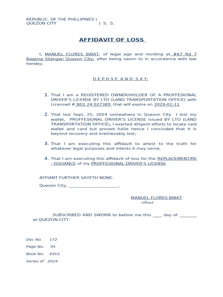Affidavit of Loss License Prof Updated | PDF