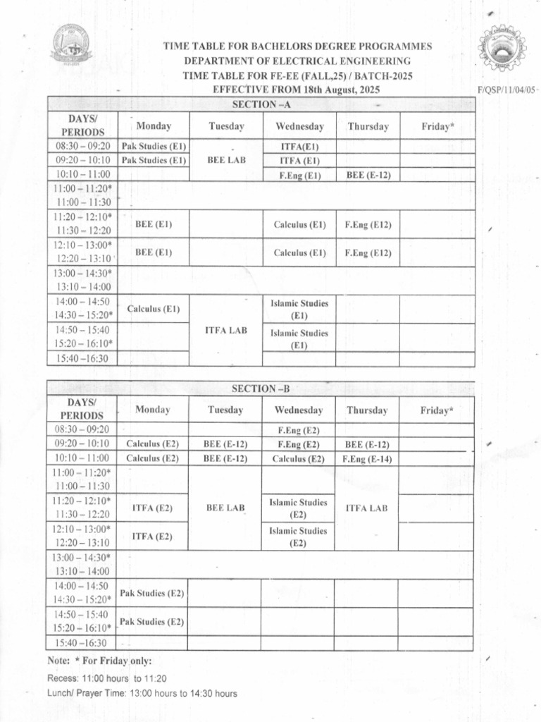 UG Time Table FE Batch 2025 Fall 2025 Rev-I | PDF
