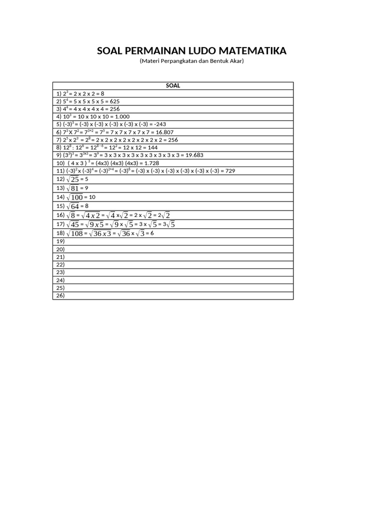 Soal Ludo Matematika: Perpangkatan & Akar | PDF