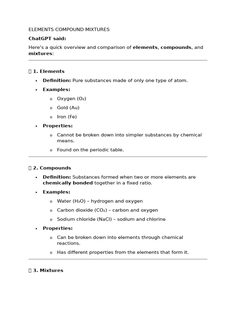Elements, Compounds, and Mixtures Guide | PDF | Chemical Substances ...