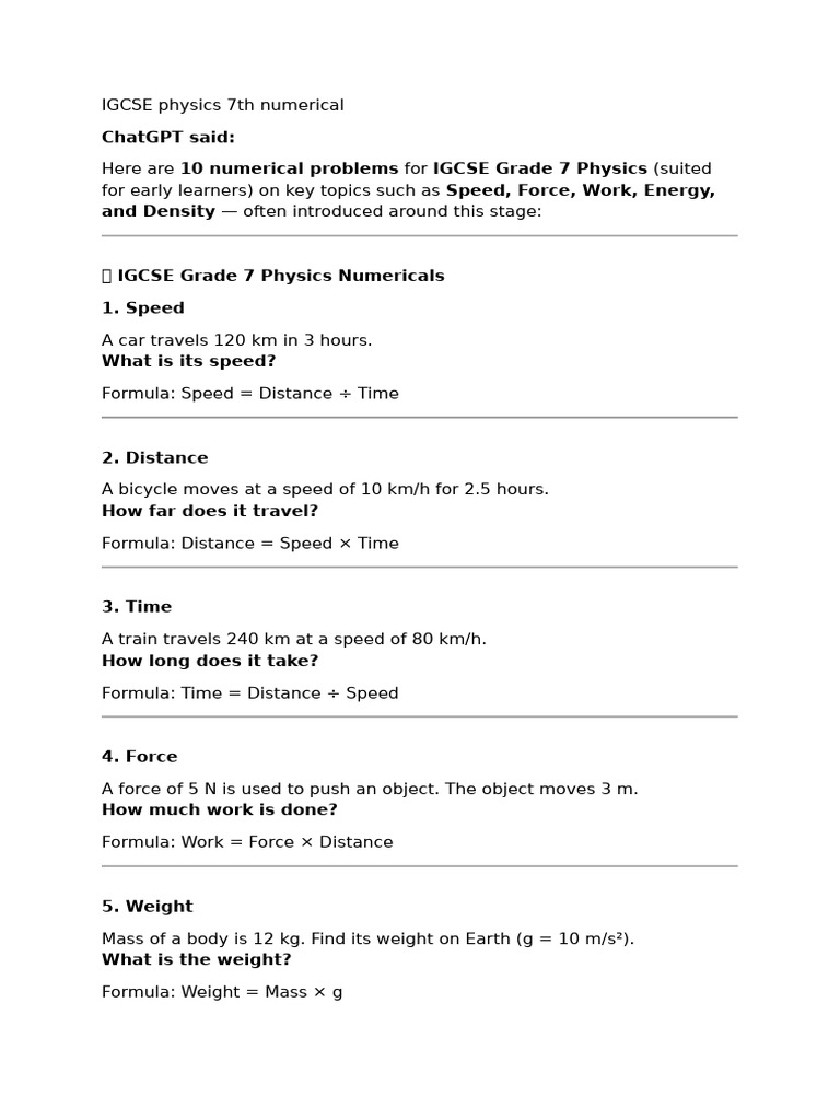 IGCSE Physics 7th Numerical | PDF | Speed | Mass