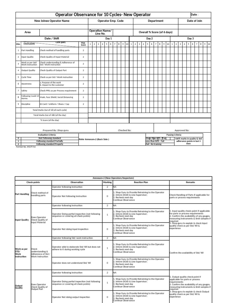 New Operator Performance Evaluation Guide | PDF | Personal Protective ...