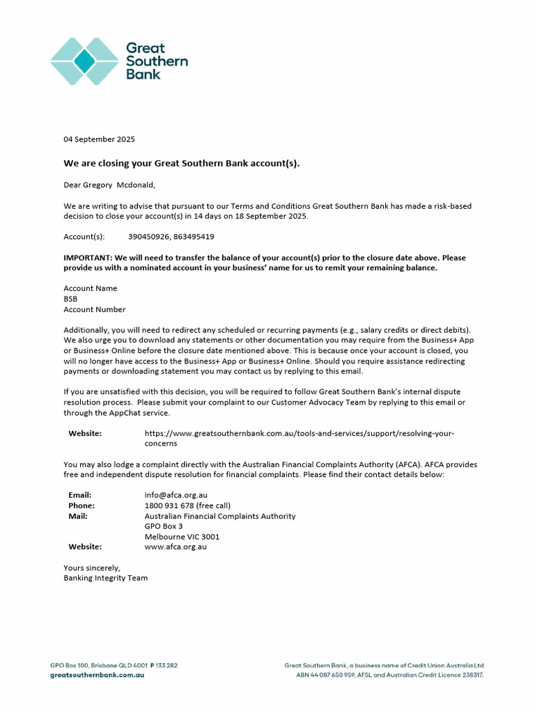 Great Southern Bank Account Closure Notice | PDF