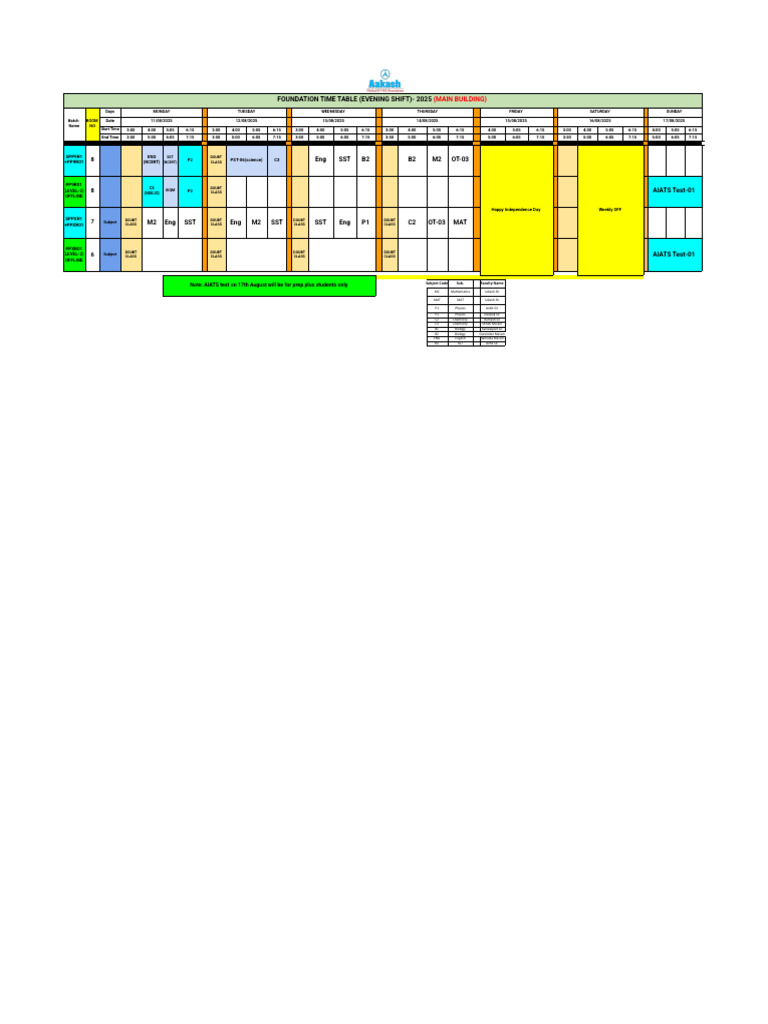 Evening Shift Timetable 2025 | PDF