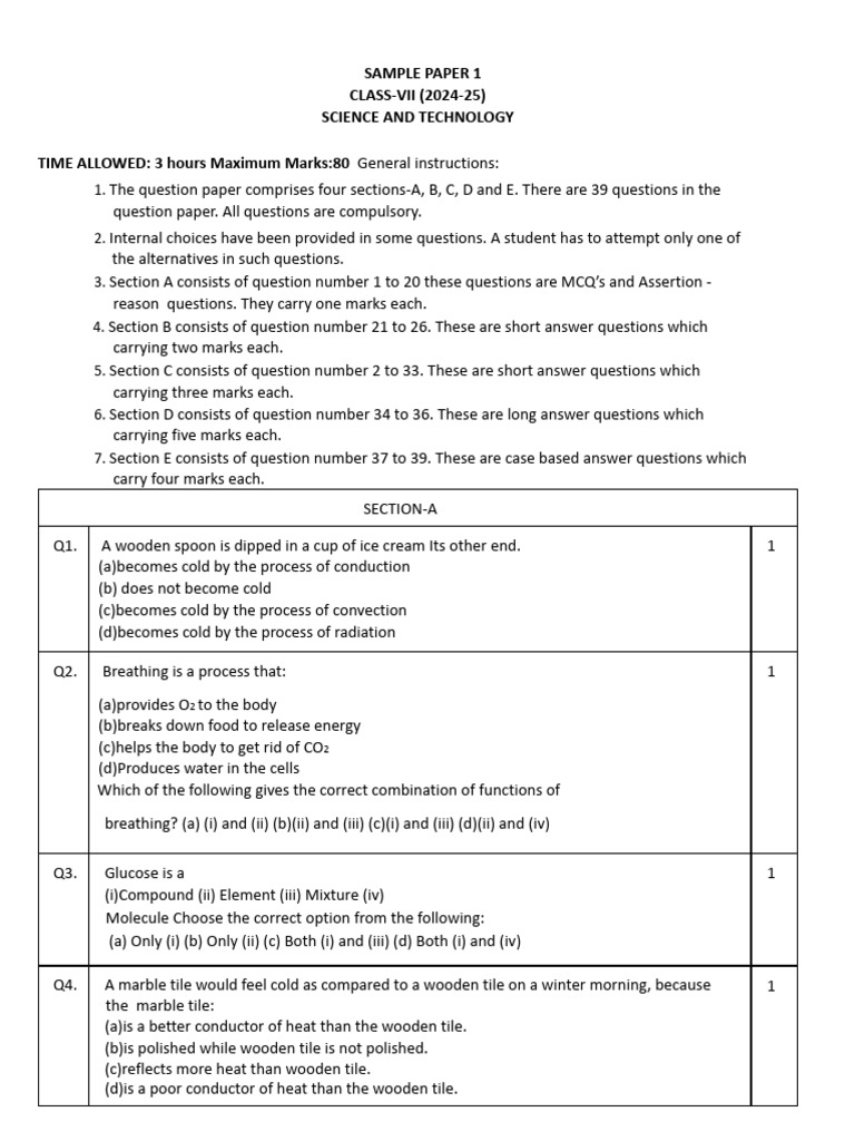 Class VII Science & Technology Sample Paper | PDF | Bile | Lung