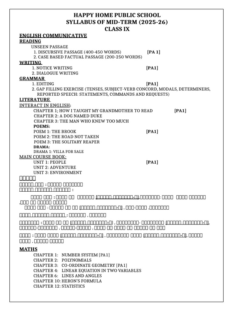 Mid Term Syllabus Class Ix 22042025 135956 | PDF | Science