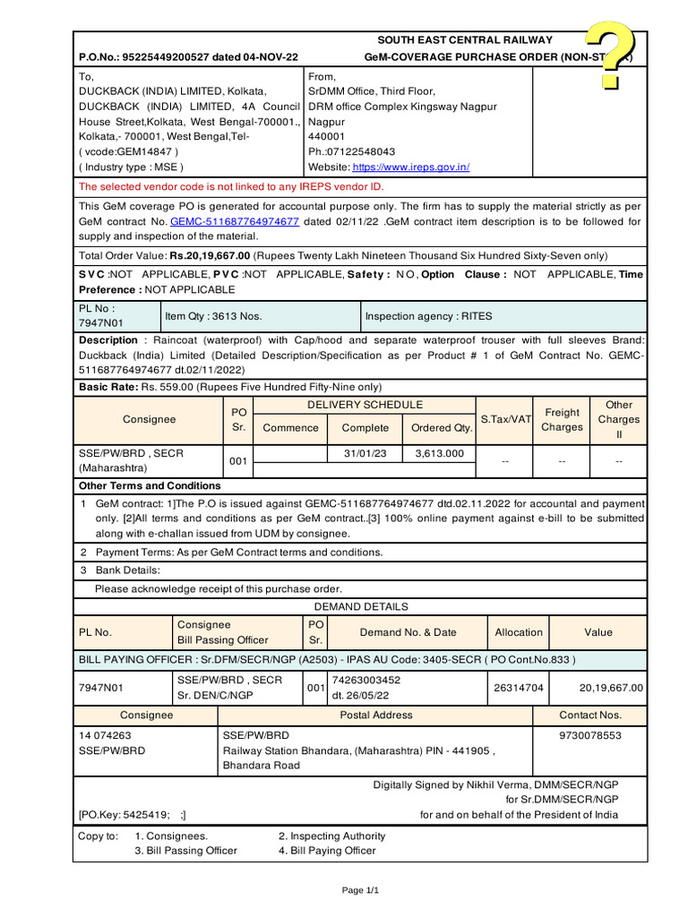 Duckback (India) Limited, Kolkata Po South East Central Railway | PDF ...