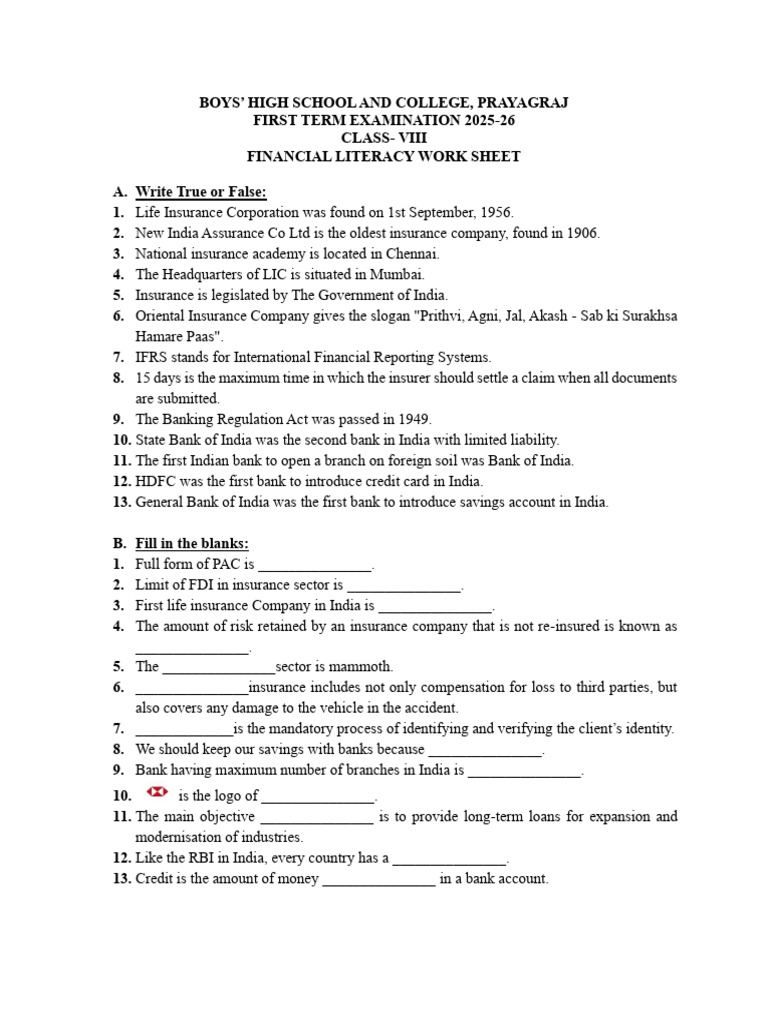 Financial Literacy Worksheet 25-26-1 | PDF | Insurance | Banks