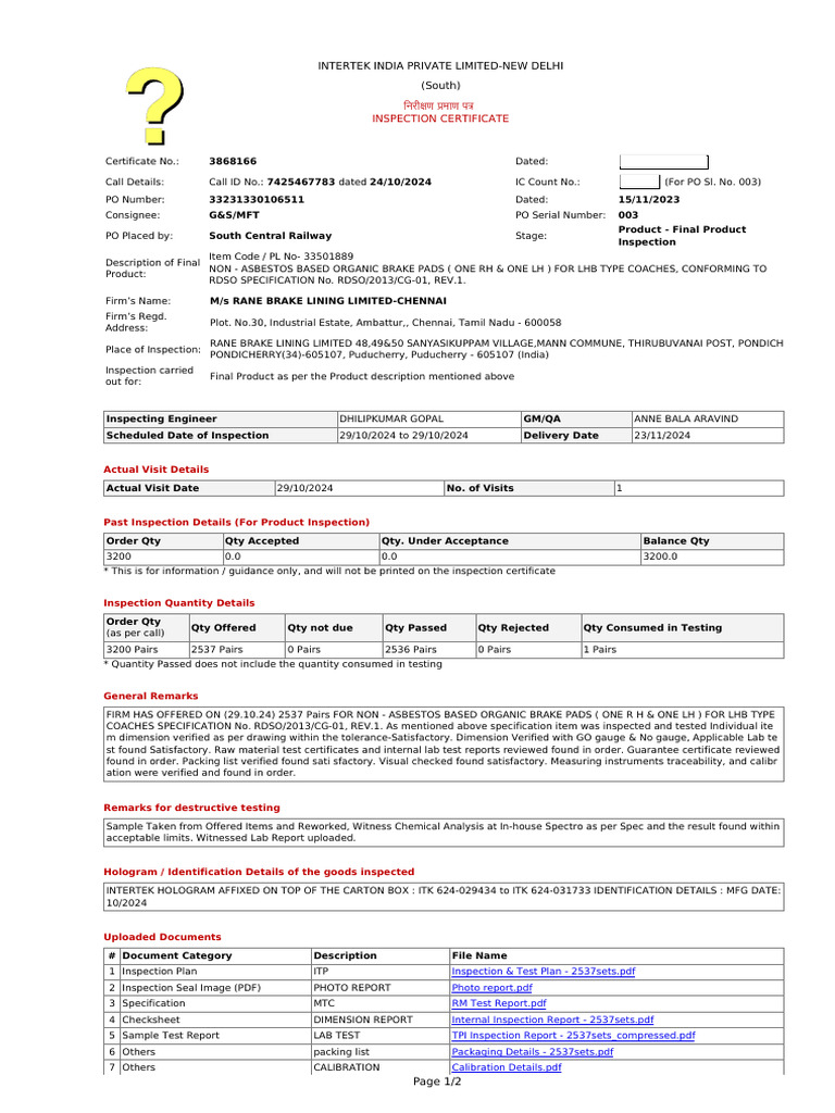 3868166-Rane Brake Lining Tpi Ic Intertek India | PDF