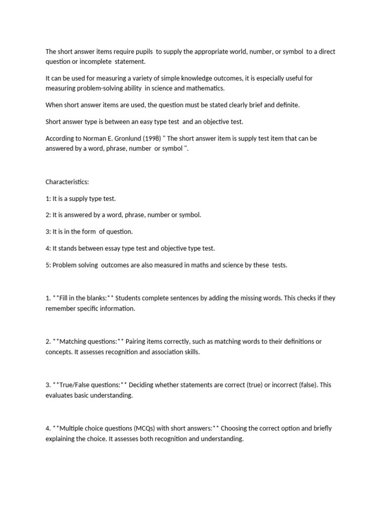 The Short answe-WPS Office | PDF | Multiple Choice | Cognition