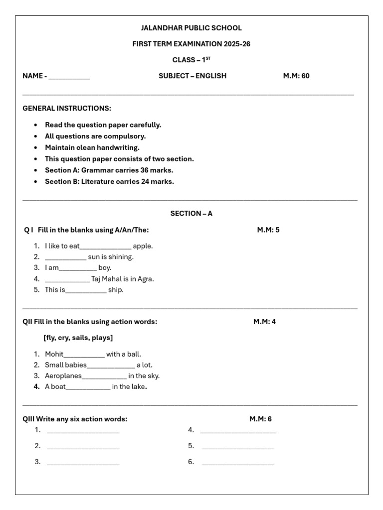 1st Class English Question Paper | PDF | Chess Theory