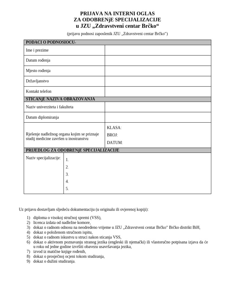 OBRAZAC - Specijalizacije 2021 | PDF