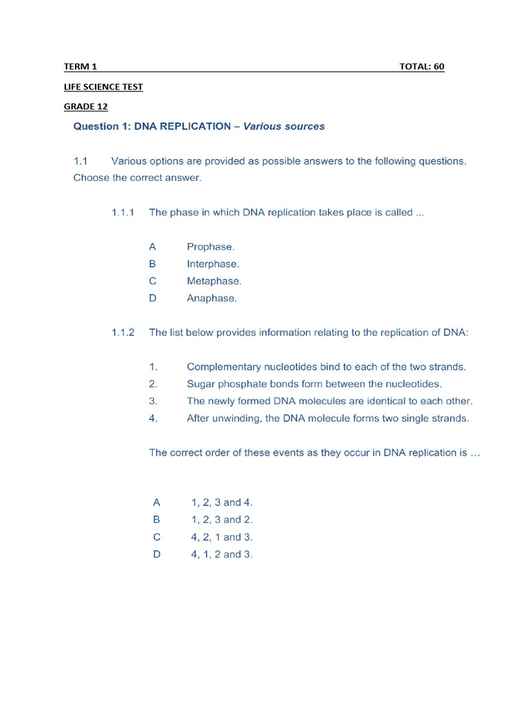 Grade 12 Life Science Test Overview | PDF