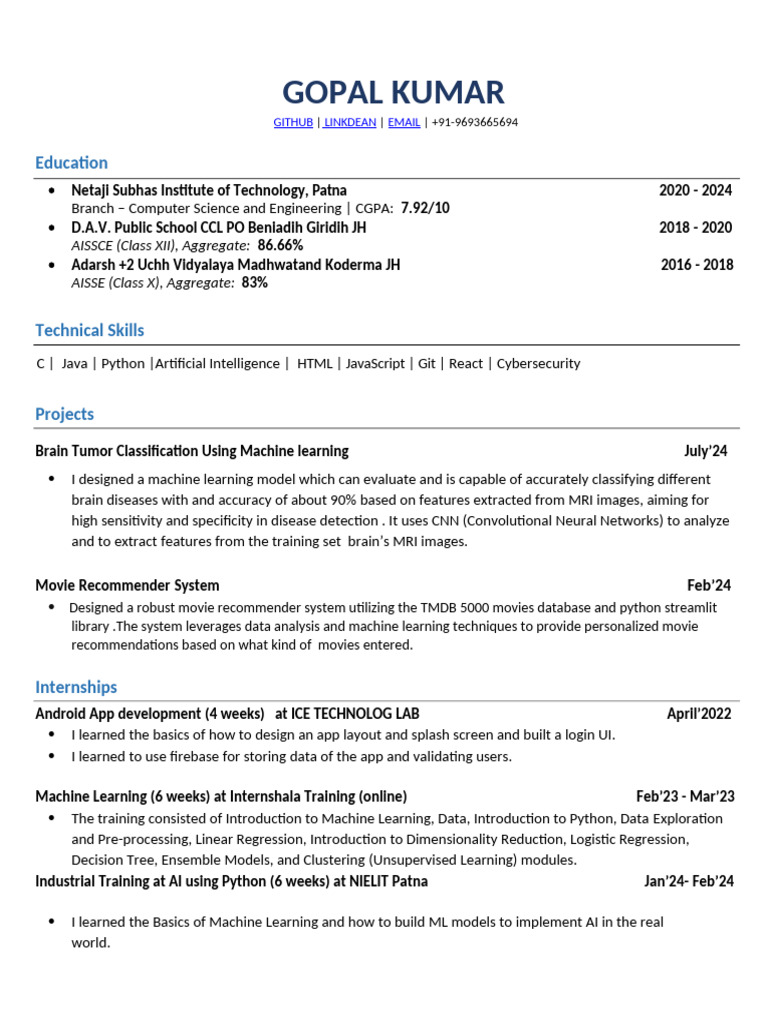 Gopal Kumar's Computer Science Portfolio | PDF | Machine Learning ...