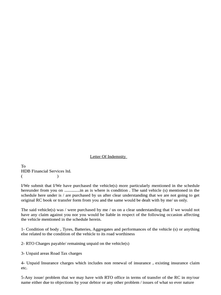 Indeminity Letter-1 HDB | PDF