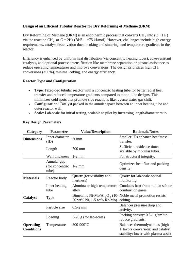 Efficient Tubular Reactor Design for DRM | PDF | Heat | Chemical Reactor