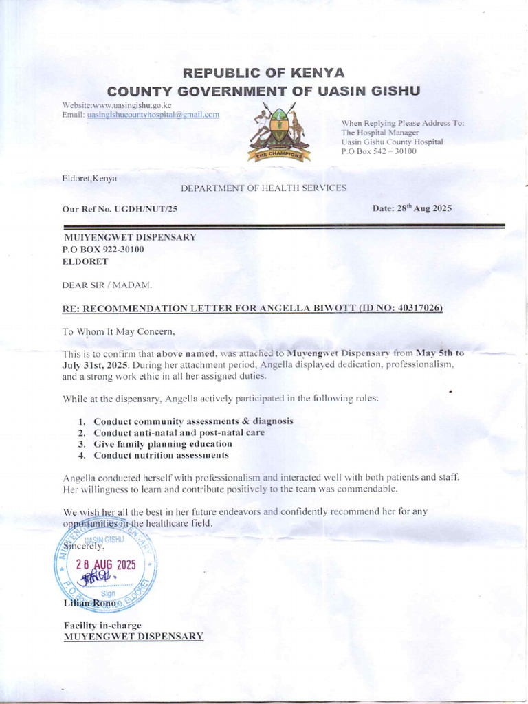 Angela Biwott Recom Letter | PDF