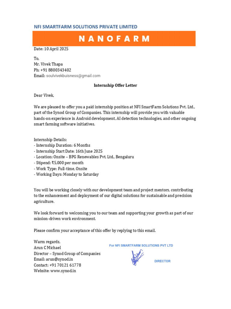NFI Internship Offer Letter Vivek | PDF