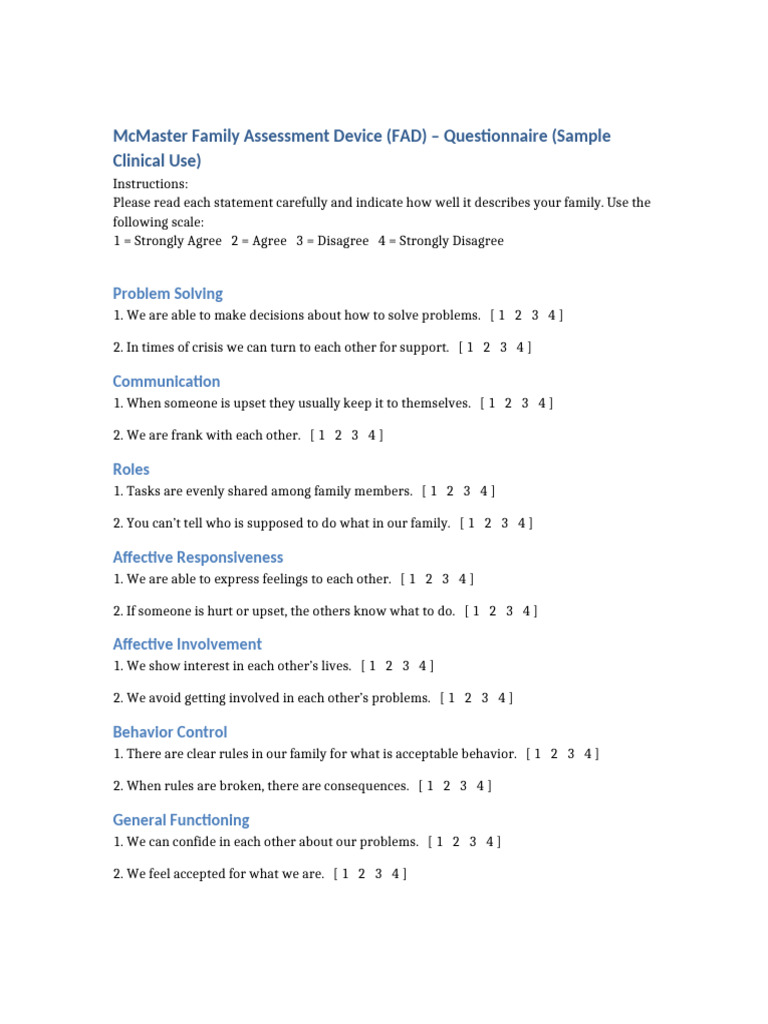 FAD Questionnaire for Family Assessment | PDF