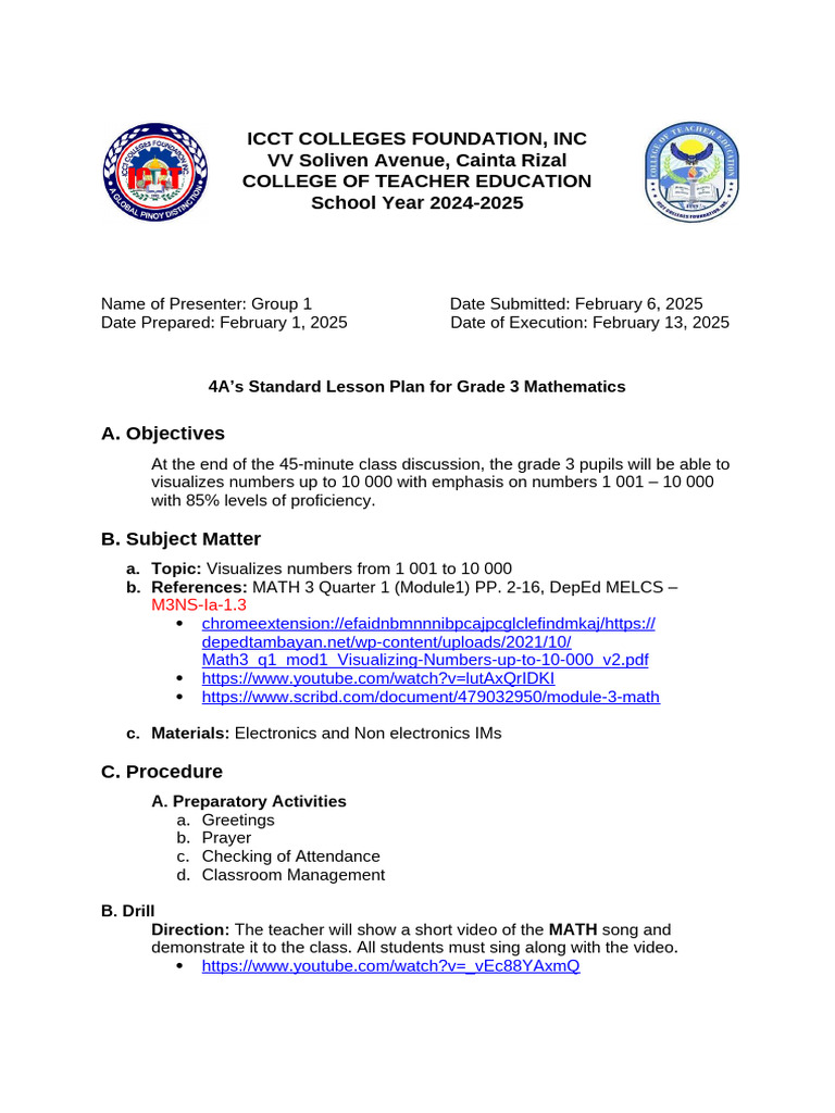 4a's Lesson Plan - Group 1 (Revised 2.11.25) | PDF | Learning