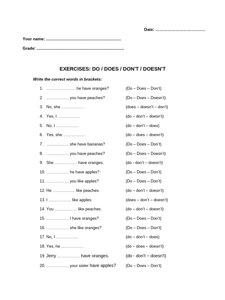 Do Does Dont Doesnt Exercise | PDF | Chess Theory | Chess