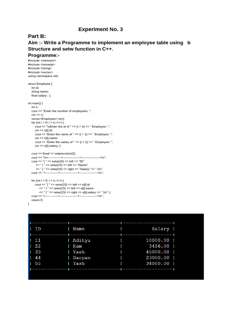 C++ Employee Table Program Example | PDF
