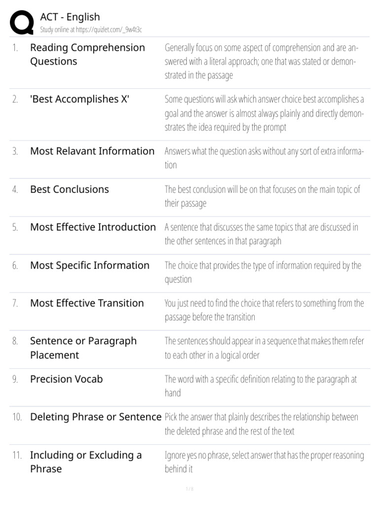 ACT English Study Guide Overview | PDF | Verb | Comma