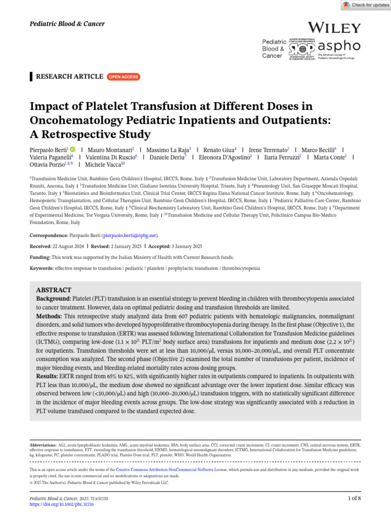 Platelet Transfusion Dosing in Pediatrics | PDF | Blood Transfusion ...