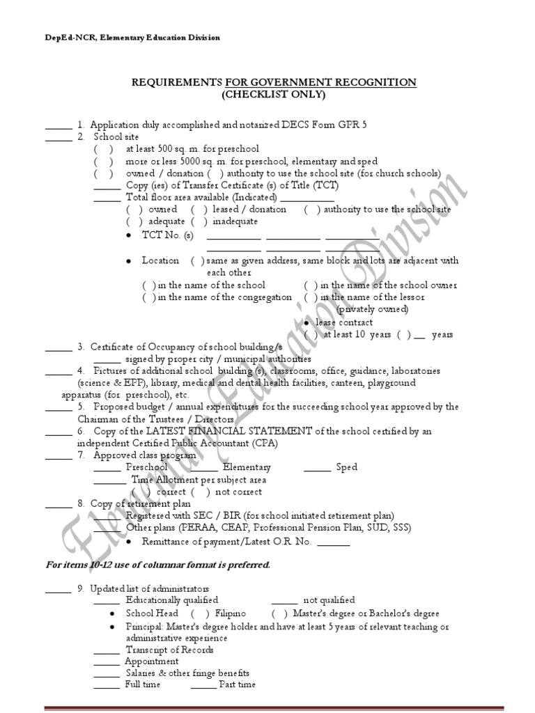 Checklist of Requirement For Government Recognition | PDF | Academic ...