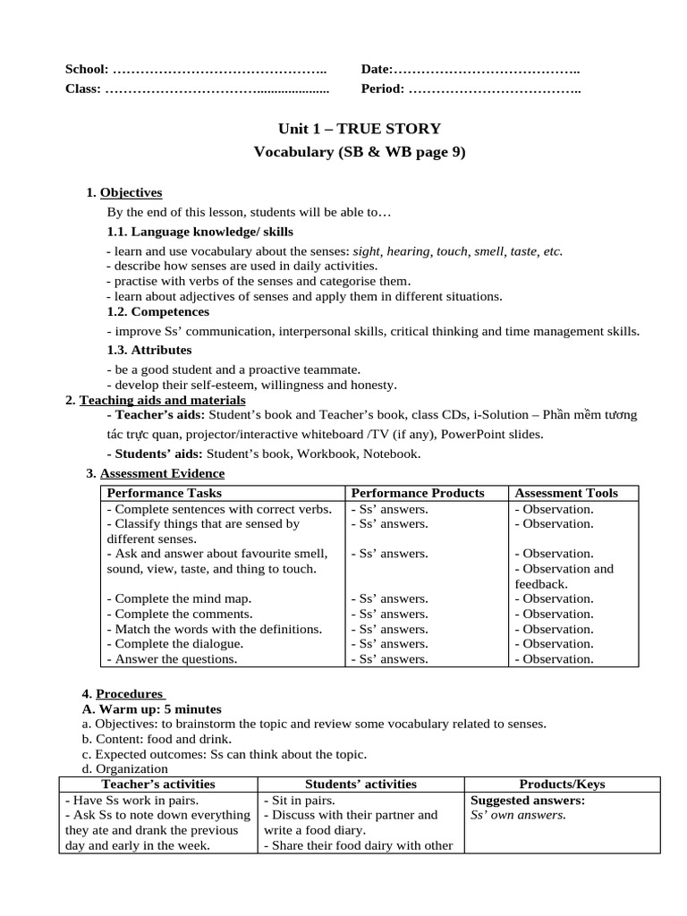Unit1 - SB&WB - Vocabulary - p.9 | PDF | Senses | Noun
