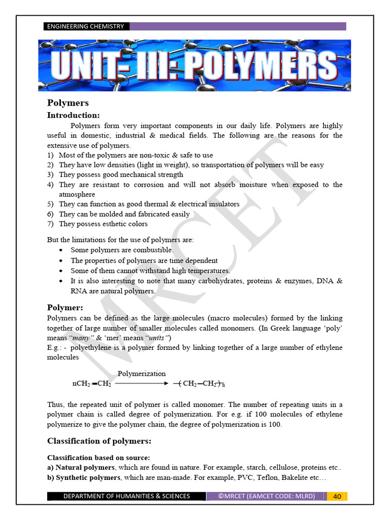 Polymers in Engineering Chemistry | PDF | Polymerization | Polymers